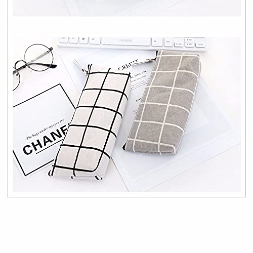 JINGYOU Pencil Bag, Solid Color Stationery Bag, Striped Grid Pen Pouch, Canvas Pencil Case, Kawaii Pencil Case for Students Office(Grey)