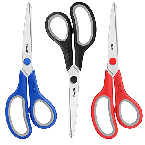 Scissors, iBayam 8" Multipurpose Scissors Bulk 3-Pack, Ultra Sharp Blade Shears, Comfort-Grip Handles, Sturdy Sharp Scissors for Office Home School Sewing Fabric Craft Supplies, Right/Left Hand