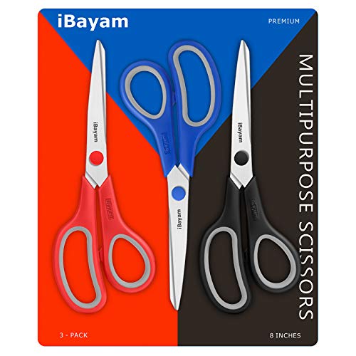 Scissors, iBayam 8" Multipurpose Scissors Bulk 3-Pack, Ultra Sharp Blade Shears, Comfort-Grip Handles, Sturdy Sharp Scissors for Office Home School Sewing Fabric Craft Supplies, Right/Left Hand