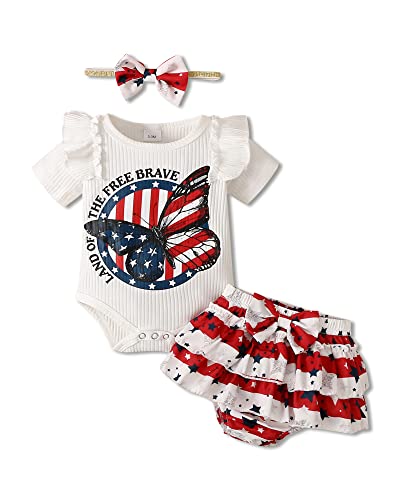 DISAUR Baby 4th Of July Girl Outfits Newborn Baby Girl Clothes Infant Independence Day Ruffle Short Sleeve Top +Stars Stripes Shorts + Cute Headband 3PCS Clothing Set