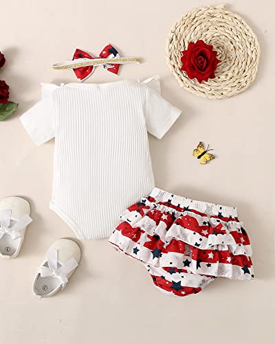 DISAUR Baby 4th Of July Girl Outfits Newborn Baby Girl Clothes Infant Independence Day Ruffle Short Sleeve Top +Stars Stripes Shorts + Cute Headband 3PCS Clothing Set