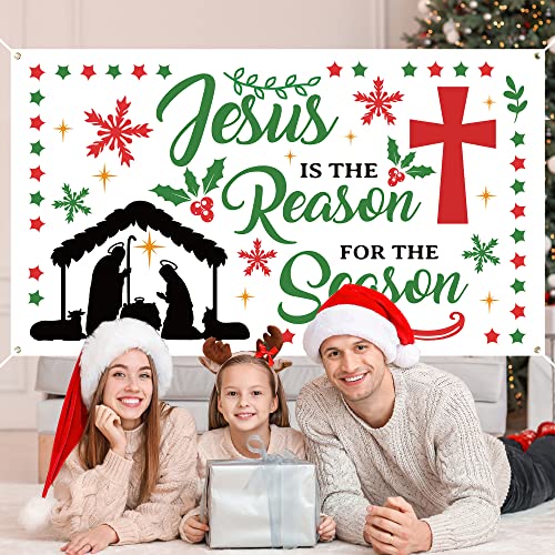 WATINC Christmas Jesus is The Reason for The Season Backdrop Banner XtraLarge Nativity Cross Xmas Winter Holiday Religious Party Wall Decorations Supplies for Home Church Outdoor 78 x 45 Inch