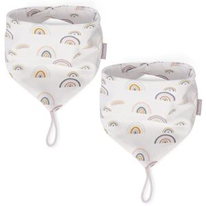 booginhead baby bandana pacifier holder cotton bibs 2-pack, pink rainbows