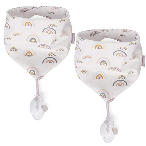 BooginHead Baby Bandana Pacifier Holder Cotton Bibs 2-Pack, Pink Rainbows