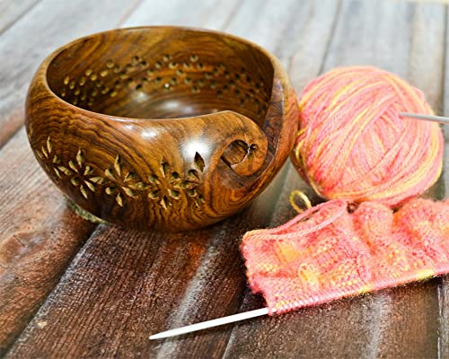 Ajuny Handmade Large Wooden Yarn Bowl Wool Ball Holder with Elegant Design Gifts 7x3 Inch