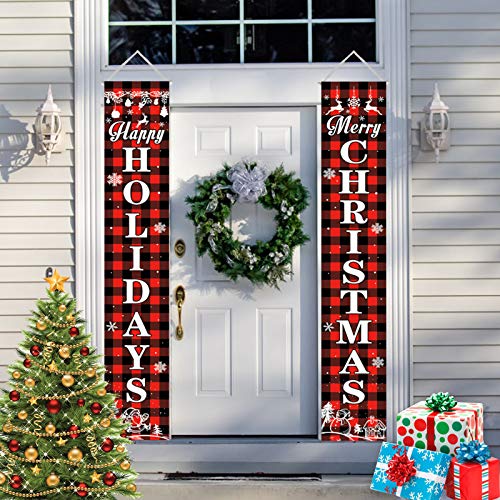 Unves Christmas Porch Sign, Red Black Buffalo Plaid Happy Holidays & Merry Christmas Banners Hanging Christmas Decorations for Home Yard Indoor Outdoor Front Door Wall