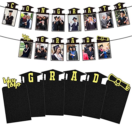 Congrats Grad 2023 Photo Banner, Graduation Decorations for Photo Supplies, Black and Gold Congrats Grad Party Supplies, 14pcs Graduation Hanging Photo Decor Banner for Congratulations Graduation