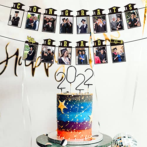 Congrats Grad 2023 Photo Banner, Graduation Decorations for Photo Supplies, Black and Gold Congrats Grad Party Supplies, 14pcs Graduation Hanging Photo Decor Banner for Congratulations Graduation