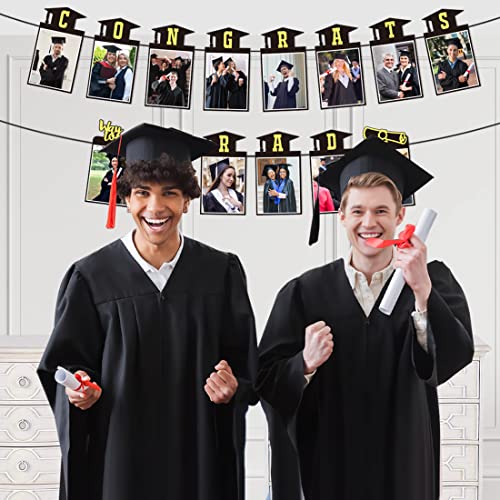 Congrats Grad 2023 Photo Banner, Graduation Decorations for Photo Supplies, Black and Gold Congrats Grad Party Supplies, 14pcs Graduation Hanging Photo Decor Banner for Congratulations Graduation