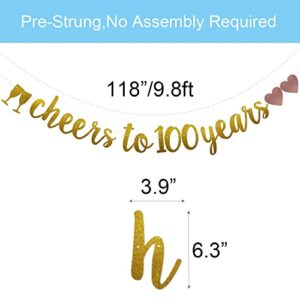 Cheers to 100 Years Banner, Pre-Strung, Gold Glitter Paper Garlands for 100th Birthday / Wedding Anniversary Party Decorations Supplies, No Assembly Required,(Gold)SUNbetterland