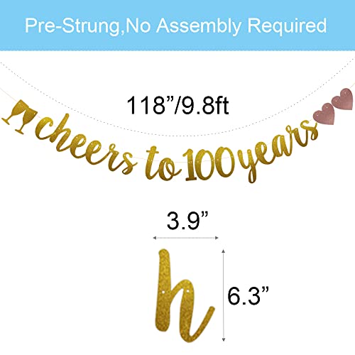 Cheers to 100 Years Banner, Pre-Strung, Gold Glitter Paper Garlands for 100th Birthday / Wedding Anniversary Party Decorations Supplies, No Assembly Required,(Gold)SUNbetterland