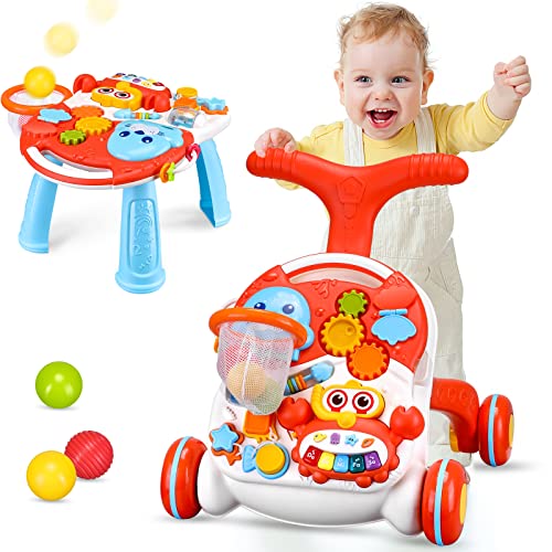 Boqi Sit-to-Stand Learning Walker 2 in 1 Baby Push Walker with Educational Activity Center, Learning Toys for Infant Toddlers Boys and Girls