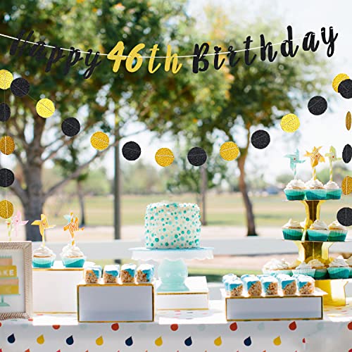 LASKYER 46th Birthday Decoration Set - Happy 46th Birthday Banner with Black & Gold Glitter Circle Dots Cheers to 46 Years Old Birthday Party Decorations.[Pre - Strung]