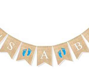 Uniwish It's A BOY Banner Burlap Fabric, Rustic Hanging Bunting Christening Garland Baby Shower Party Decorations for Baby Boy with Blue Footprint