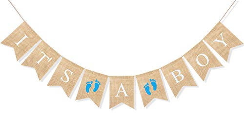 Uniwish It's A BOY Banner Burlap Fabric, Rustic Hanging Bunting Christening Garland Baby Shower Party Decorations for Baby Boy with Blue Footprint