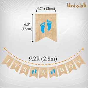 Uniwish It's A BOY Banner Burlap Fabric, Rustic Hanging Bunting Christening Garland Baby Shower Party Decorations for Baby Boy with Blue Footprint