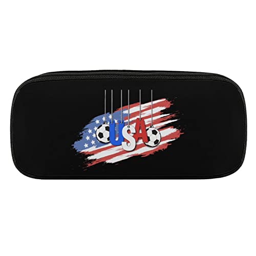 Football and USA Flag Pencil Case PU Leather Pencil Pen Bag Large Capacity Pen Box Pencil Pouch Makeup Bag with Zip