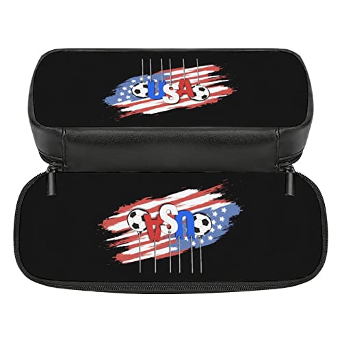 Football and USA Flag Pencil Case PU Leather Pencil Pen Bag Large Capacity Pen Box Pencil Pouch Makeup Bag with Zip