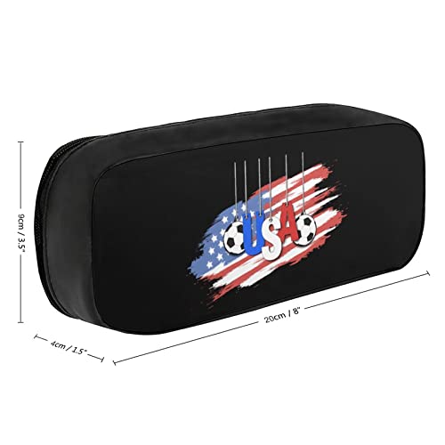 Football and USA Flag Pencil Case PU Leather Pencil Pen Bag Large Capacity Pen Box Pencil Pouch Makeup Bag with Zip