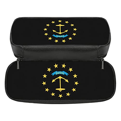 Rhode Island State Flag Pencil Case PU Leather Pencil Pen Bag Large Capacity Pen Box Pencil Pouch Makeup Bag with Zip