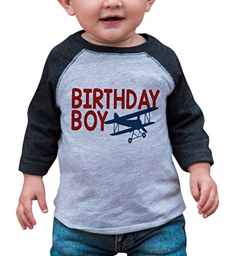 7 ate 9 Apparel Boy's Birthday Boy Biplane Airplane Grey Raglan Tee 18 Months