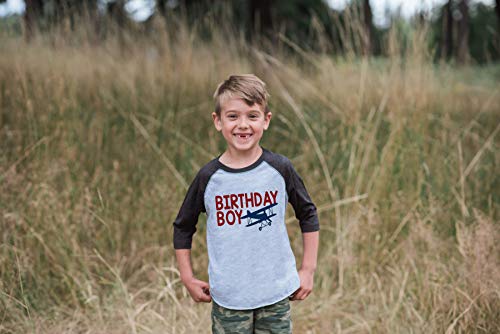 7 ate 9 Apparel Boy's Birthday Boy Biplane Airplane Grey Raglan Tee 18 Months