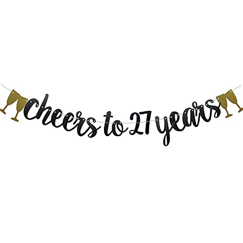 Cheers To 27 Years Banner,Pre-Strung, Black Paper Glitter Party Decorations For 27TH Wedding Anniversary 27 Years Old 27TH Birthday Party Supplies Letters Black Betteryanzi