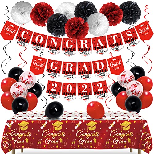 algpty 2022 Red and Black Graduation Decorations Kit - Congrats Grad Party Decorations Including Congrats Grad 2022 Banner, Paper Pompoms, Tablecloth, Hanging Swirl Grad  Decor for High School, College