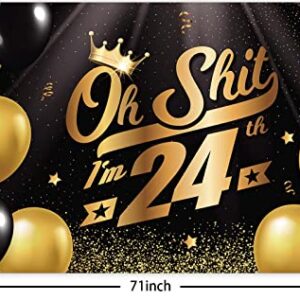 Oh S*hit I’m 24th Banner Backdrop Black Gold Balloons Crown Confetti Hallo Twenty Four Cheers to 24 Years Old Theme Decorations Decor for Man Woman Happy 24th Birthday Party Anniversary Supplies