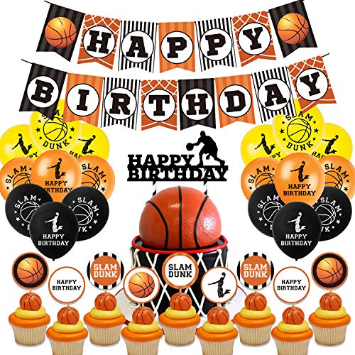 Basketball Theme Party Decoration Set, Includes Happy Birthday Flag Banner, Basketball Printed Latex Balloons, Cake Topper and Cupcake Toppers for Boys and Girls Sports Theme Birthday Party