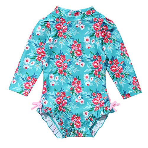 Moily Infant Baby Girls Long Sleeve Floral Ruffles One Piece Swimsuit Rash Guard Shirts Bathing Suit Blue 6-12 Months