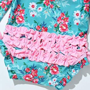 Moily Infant Baby Girls Long Sleeve Floral Ruffles One Piece Swimsuit Rash Guard Shirts Bathing Suit Blue 6-12 Months