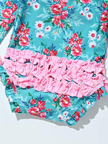 Moily Infant Baby Girls Long Sleeve Floral Ruffles One Piece Swimsuit Rash Guard Shirts Bathing Suit Blue 6-12 Months