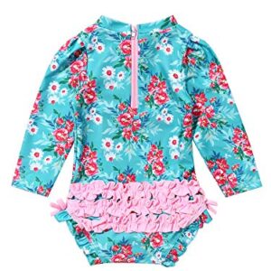 Moily Infant Baby Girls Long Sleeve Floral Ruffles One Piece Swimsuit Rash Guard Shirts Bathing Suit Blue 6-12 Months