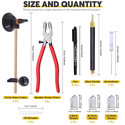 Mardatt 9 Pcs Glass Cutting Tool Set Kit Includes Adjustable Circular Glass Cutter, Glass Running Pliers with Rubber Tip, 2mm-20mm Oil Feed Carbide Tip with 3 Bonus Blades for Mirrors Tiles Mosaic