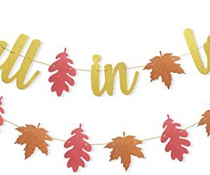 Uniwish Pre-Strung Fall in Love Banner Gold Glittery Garland Thanksgiving Fall Autumn Theme Wedding Bridal Shower Engagement Party Decorations