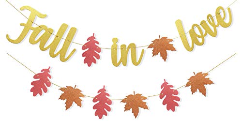 Uniwish Pre-Strung Fall in Love Banner Gold Glittery Garland Thanksgiving Fall Autumn Theme Wedding Bridal Shower Engagement Party Decorations