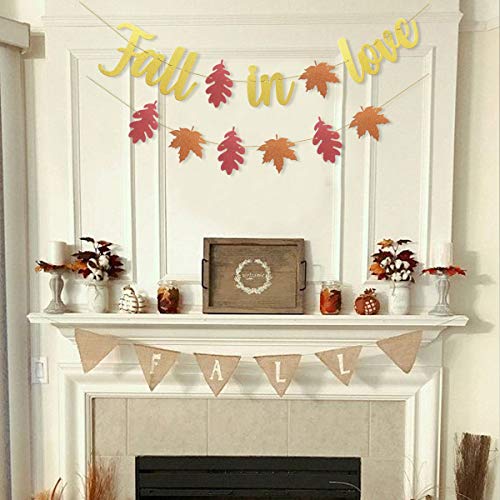 Uniwish Pre-Strung Fall in Love Banner Gold Glittery Garland Thanksgiving Fall Autumn Theme Wedding Bridal Shower Engagement Party Decorations