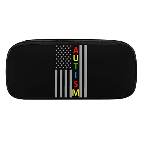 Autism Awareness Puzzle USA Flag Pencil Case PU Leather Pencil Pen Bag Large Capacity Pen Box Pencil Pouch Makeup Bag with Zip