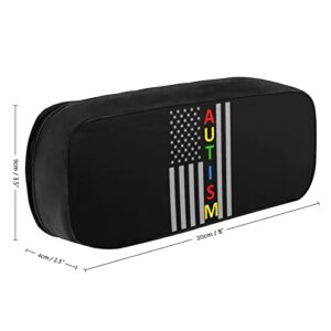 Autism Awareness Puzzle USA Flag Pencil Case PU Leather Pencil Pen Bag Large Capacity Pen Box Pencil Pouch Makeup Bag with Zip