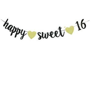 happy sweet 16 banner 16th birthday party decor, funny sixteen years old birthday party decorations(black).