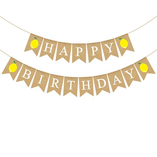 Jute Burlap Happy Birthday Banner with Lemon Lemonade Birthday Party Garland Decoration