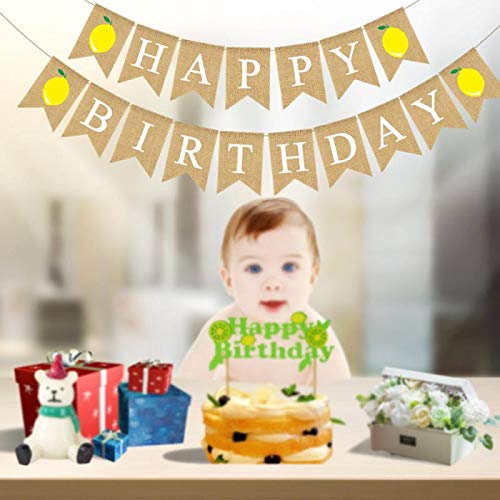 Jute Burlap Happy Birthday Banner with Lemon Lemonade Birthday Party Garland Decoration