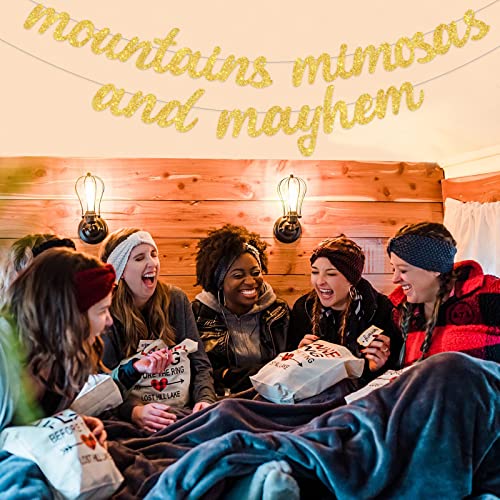 Cabin Bachelorette Party Decorations, Mountains, Mimosas and Mayhem Banner Gold, Mountain Camping Glamping Bridal Shower Engagement Wedding Supplies