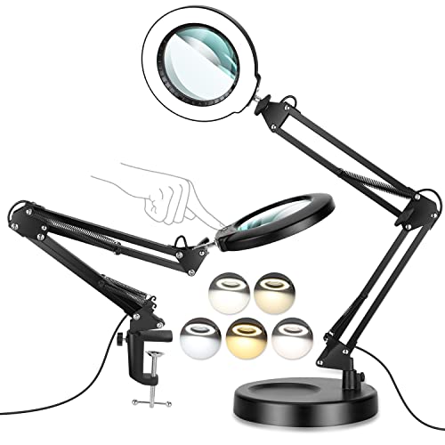 Drdefi 5X Magnifying Glass with Light and Stand, 5 Color Modes Stepless Dimmable Desk Lamp with Clamp, Adjustable Swing Arm 2-in-1 LED Lighted Magnifier with Light for Craft Hobby Reading Close Works