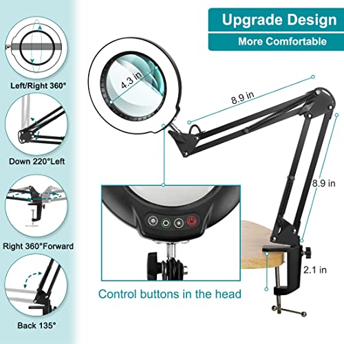 Drdefi 5X Magnifying Glass with Light and Stand, 5 Color Modes Stepless Dimmable Desk Lamp with Clamp, Adjustable Swing Arm 2-in-1 LED Lighted Magnifier with Light for Craft Hobby Reading Close Works