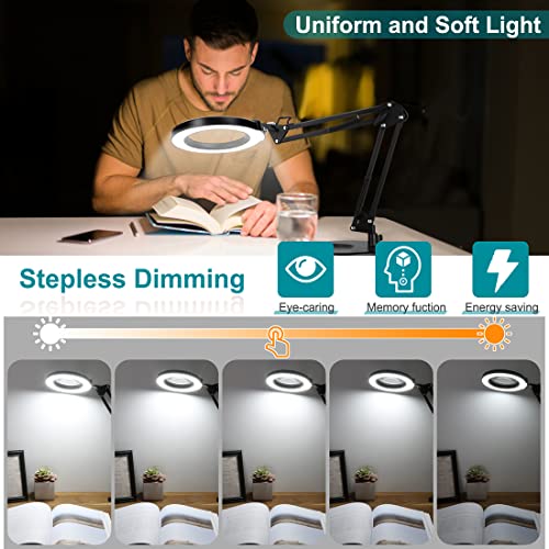 Drdefi 5X Magnifying Glass with Light and Stand, 5 Color Modes Stepless Dimmable Desk Lamp with Clamp, Adjustable Swing Arm 2-in-1 LED Lighted Magnifier with Light for Craft Hobby Reading Close Works