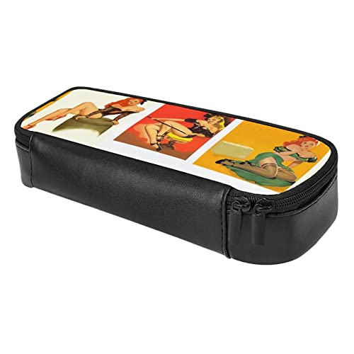 Pinup Girls Pencil Case PU Leather Pencil Pen Bag Large Capacity Pen Box Pencil Pouch Makeup Bag with Zip