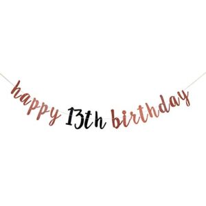 happy 13th birthday banner, 13th birthday decor, 13th birthday party supplies (rose gold&black)