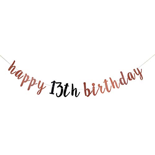 Happy 13th Birthday Banner, 13th Birthday Decor, 13th Birthday Party Supplies (Rose Gold&Black)